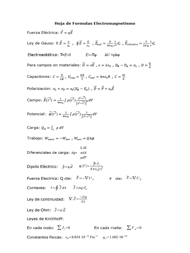 Hoja de Formulas Electromagnetismo | PDF | Electromagnetismo | Electricidad Hoja de Formulas Electromagnetismo | PDF | Electromagnetismo | Electricidad