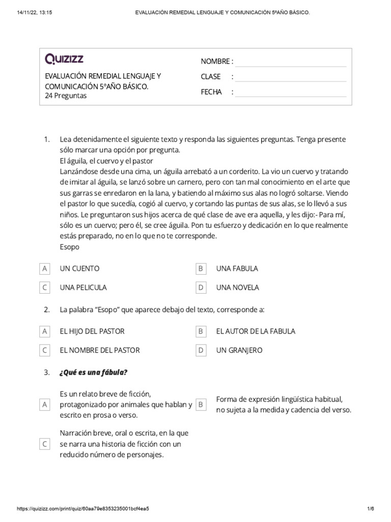 Evaluación Remedial Lenguaje y Comunicación 5ºaño Básico | PDF | Leyendas | Fábula