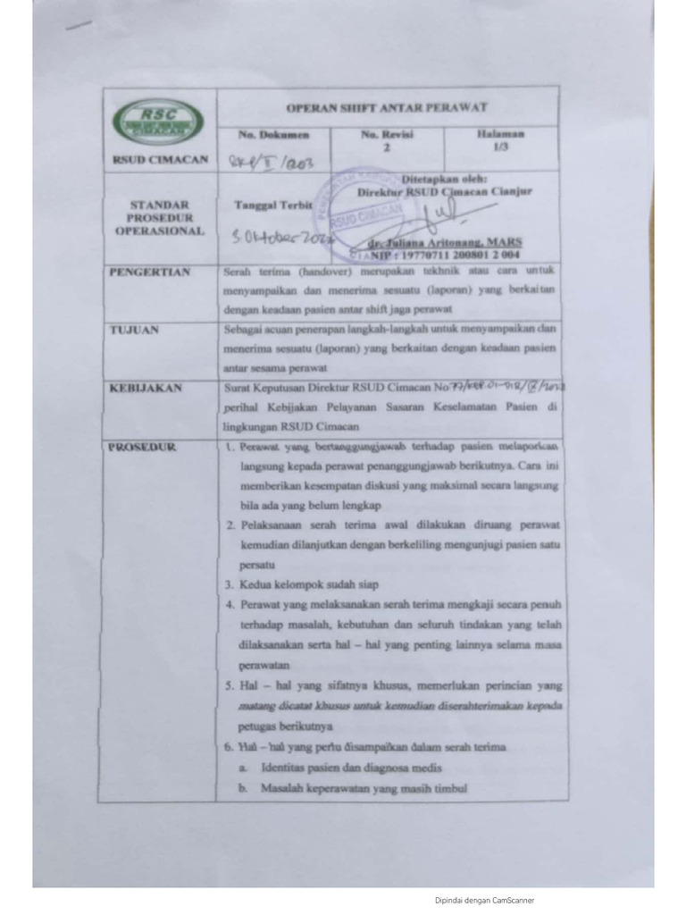 SPO Handover Antar Shift Perawat | PDF