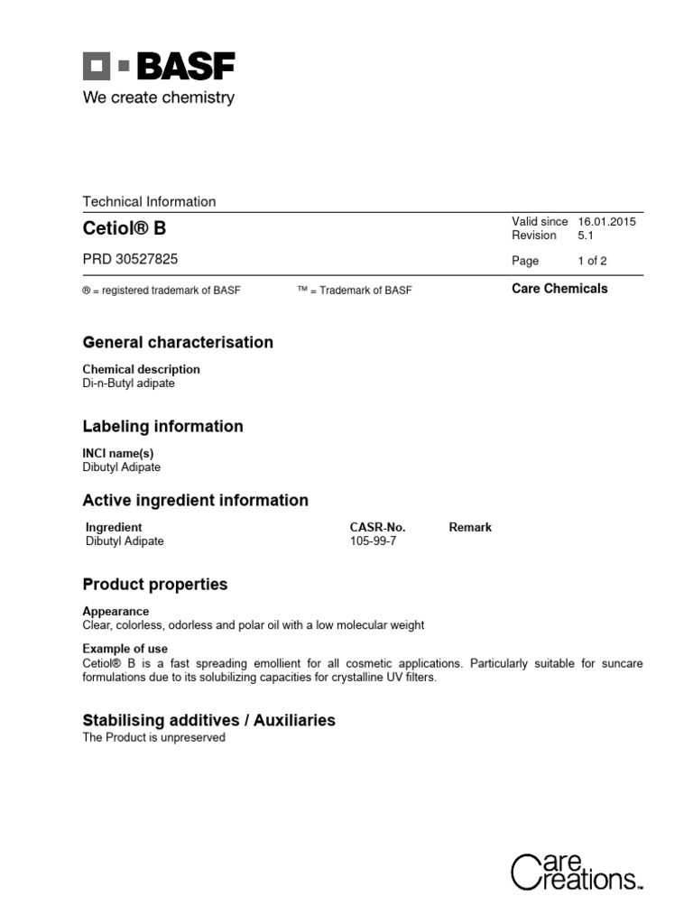 Cetiol B - Technical Information | PDF | Trademark | Implied Warranty