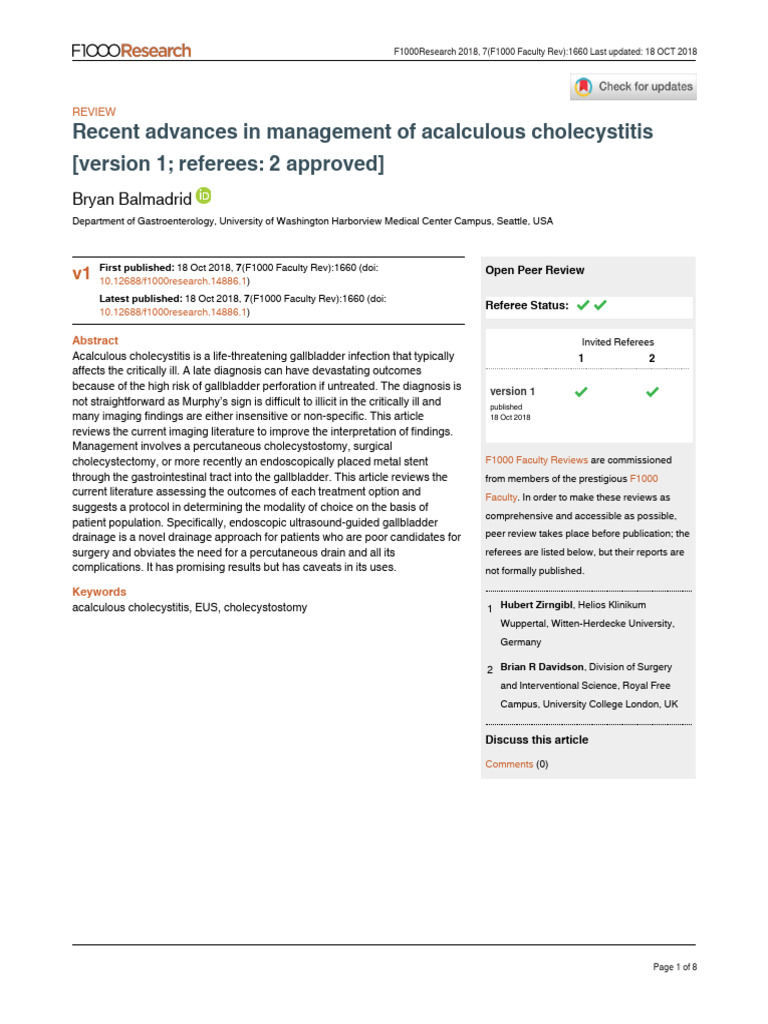 Recent Advances in Management of Acalculous Cholecystitis | PDF ...