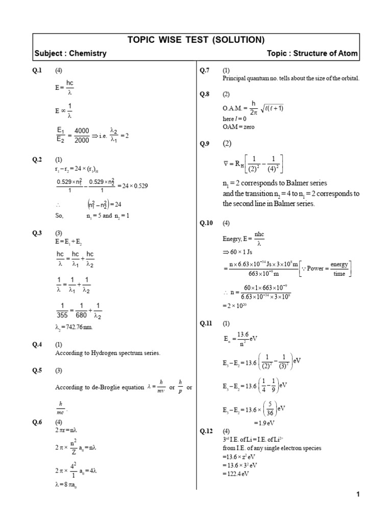 02-Structure of Atom - Only Sol | PDF | Theoretical Physics | Condensed ...