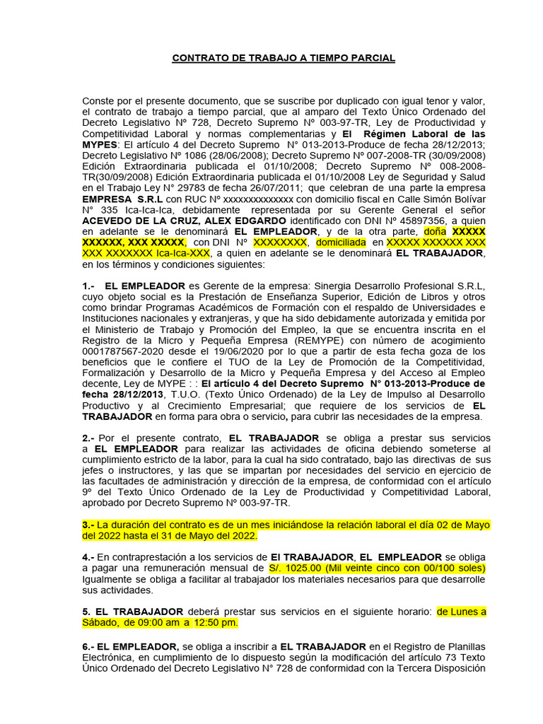 Modelo de Contrato de Trabajo Part-Time | PDF | Derecho laboral | Economias