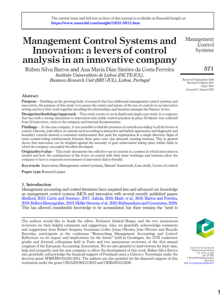 Management Control Systems and Innovation A Levers of Control Analysis in An Innovative Company ...