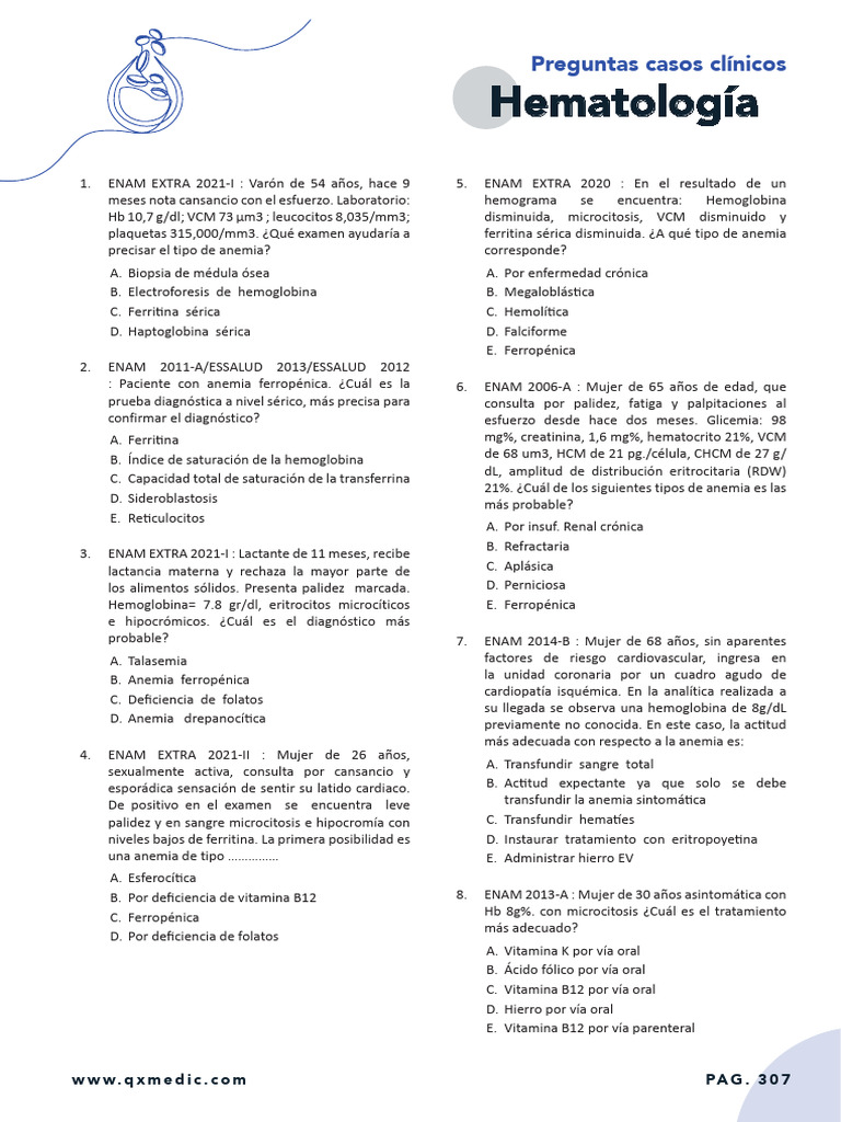 Hematología - Banco de Preguntas - Caso Clínico - Sin Claves | PDF | Anemia | Leucemia