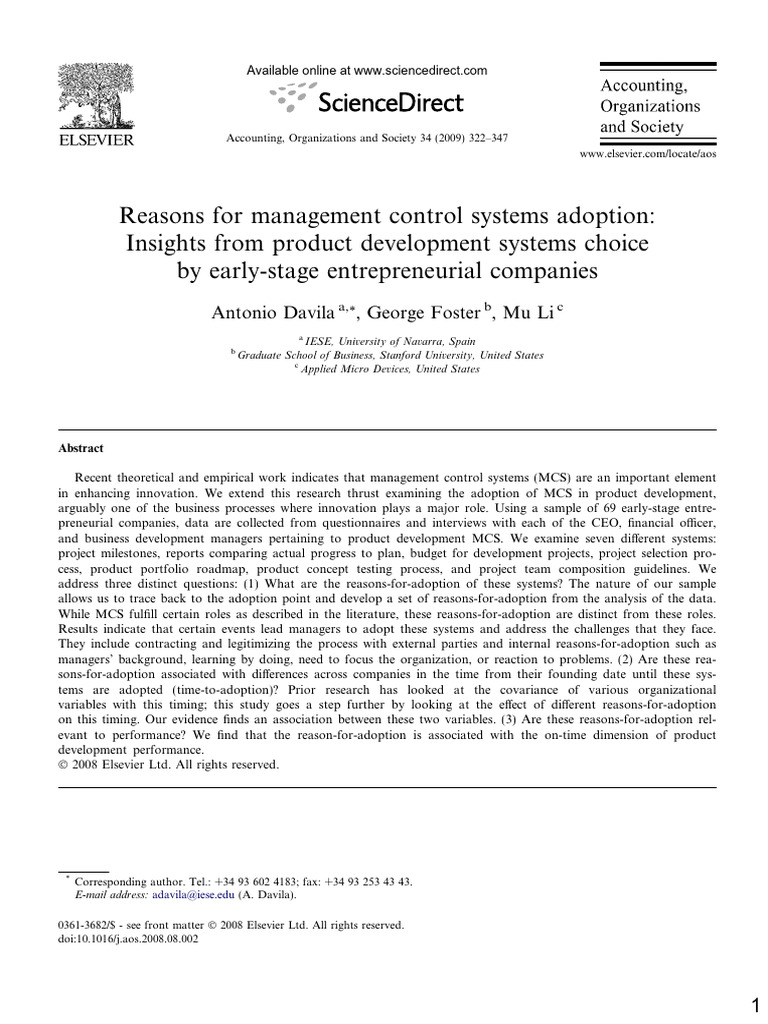 Reasons For Management Control Systems Adoption: Insights From Product ...