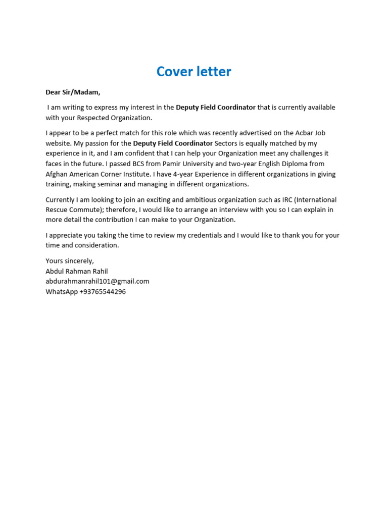 Cover Letter For IRC | PDF