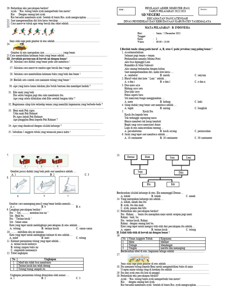Contoh Soal Pas Semester 1 B. Indonesia Kelas 1 | PDF