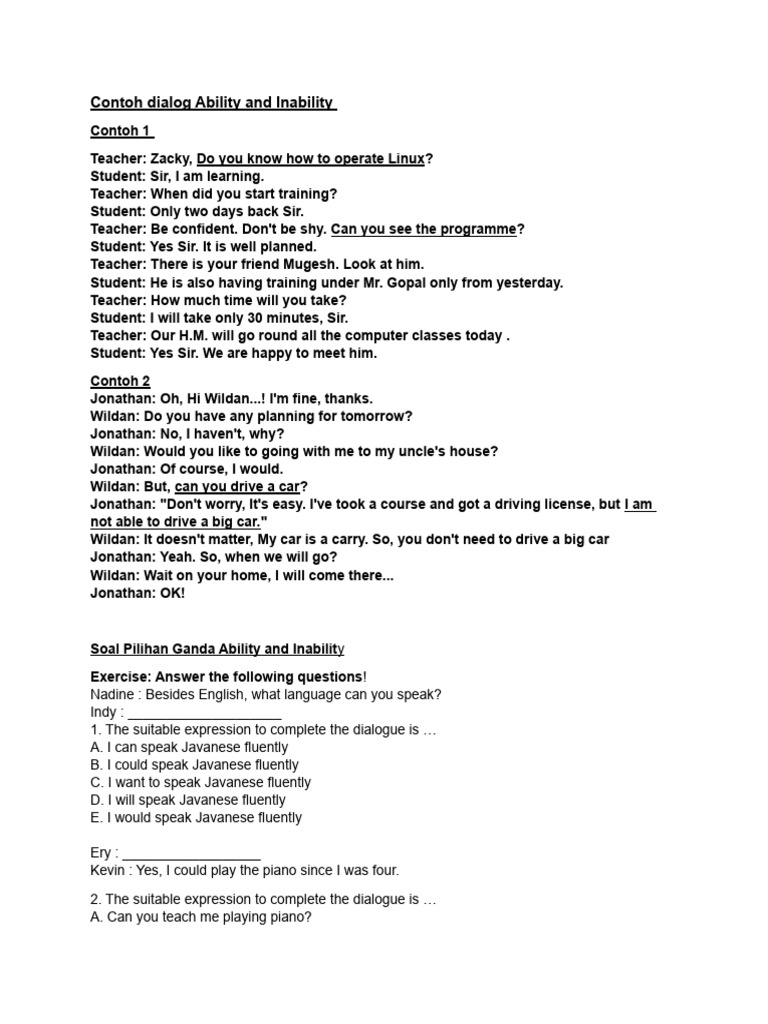 Contoh Dialog Dan Soal PG Ability and Inability Kls 8 SMP | PDF