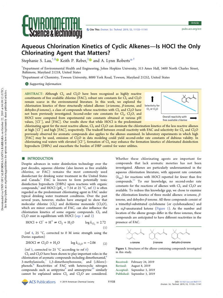 Aqueous Chlorination Kinetics of Cyclic Alkenes | PDF | Chlorine ...