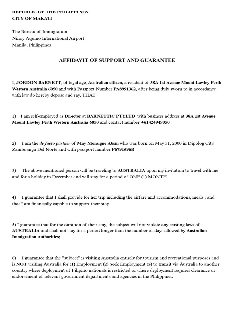 Affidavit of Support and Guarantee | PDF