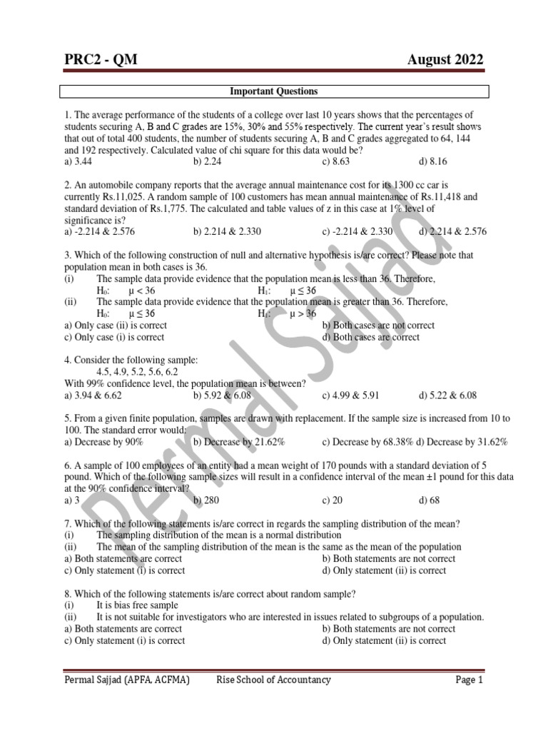 QM Assignment August 22 by Permal Sajjad - Questions | PDF | Standard Deviation | Interest
