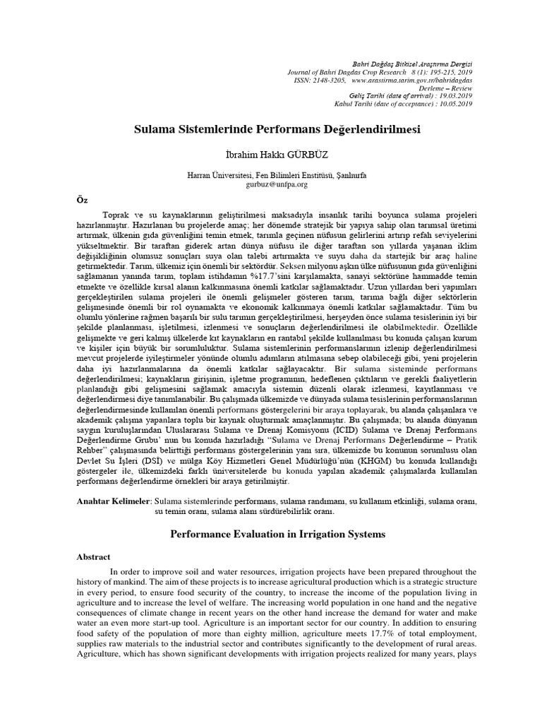 Sulama Sistemlerinde Performans Değerlendirilmesi | PDF