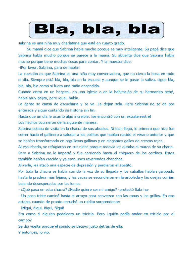 Ficha Bla Bla Bla para Cuarto de Primaria | PDF