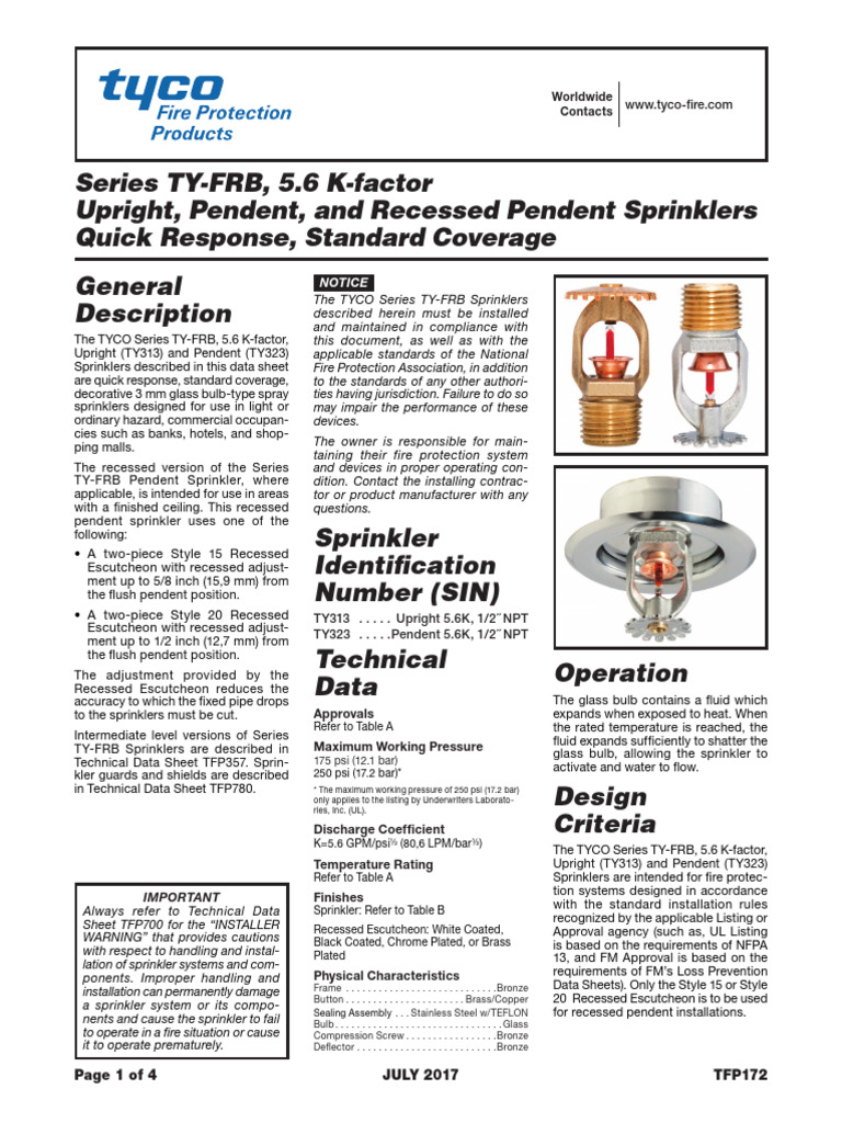Dau Phun Sprinkler Tyco Ty FRB Ty313ty323 Tfp172!07!2017 | PDF | Fire Sprinkler System ...
