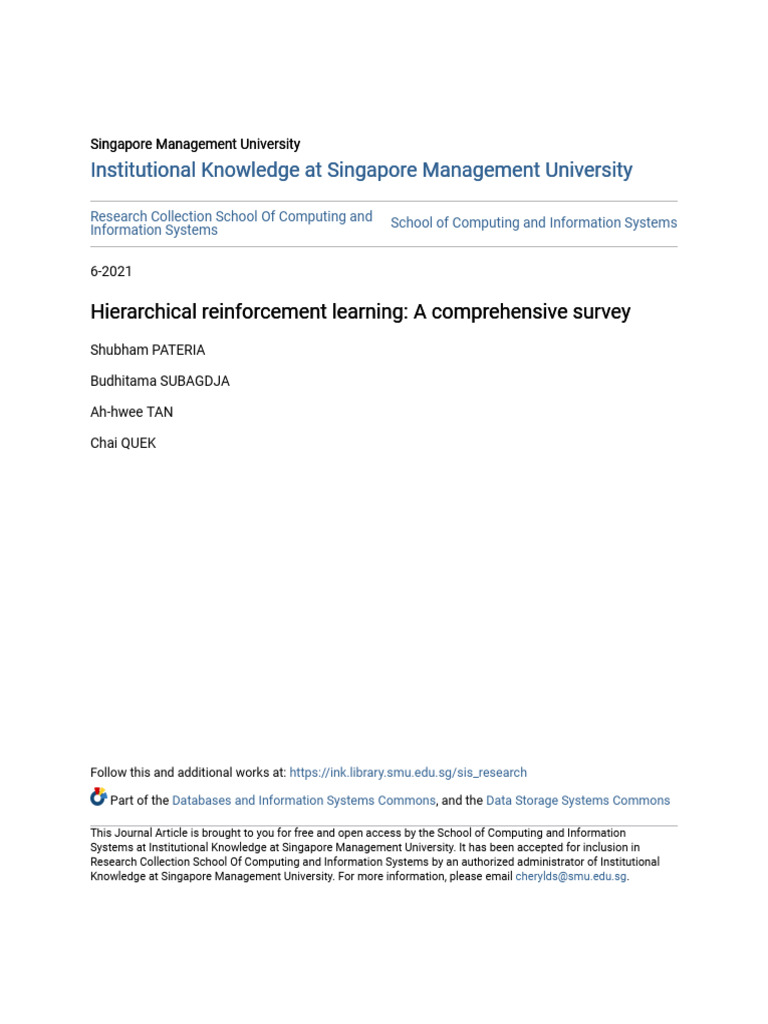 Hierarchical Reinforcement Learning - A Comprehensive Survey | PDF | Robotics | Medical Diagnosis