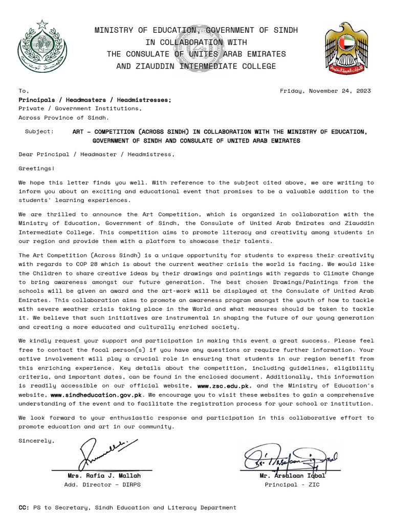 Art Competition Letter - COP28 | PDF | Creativity