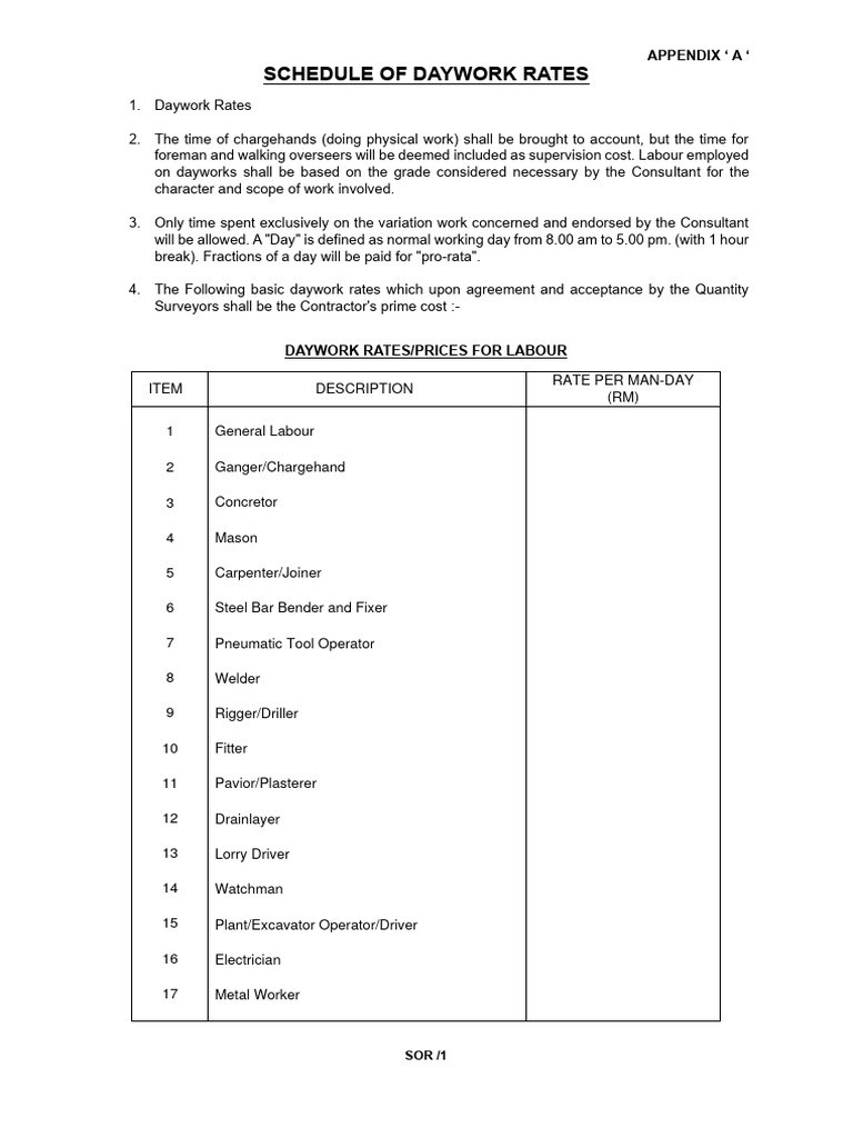 Appendix A - Schedule of Daywork Rates | PDF | Secondary Sector Of The ...