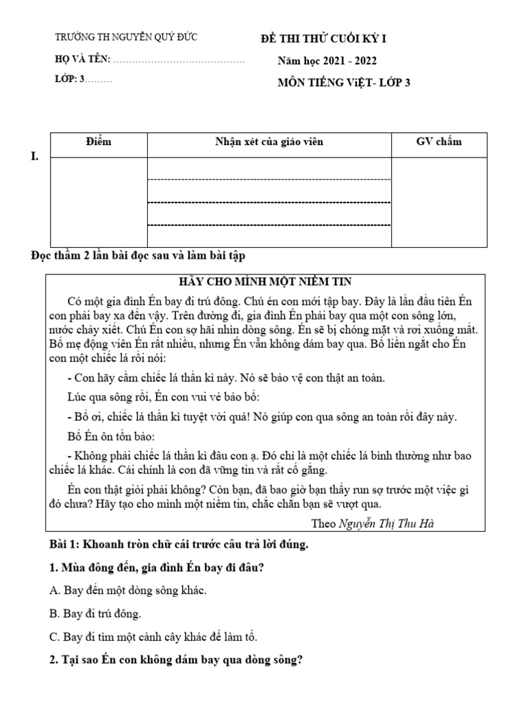 Đề Thi Thử Môn TV HK1 | PDF