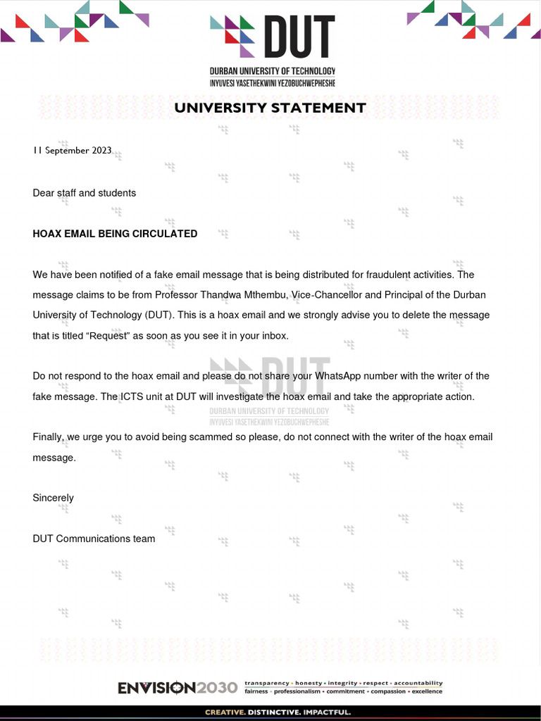 Hoax Email Alert at DUT | PDF