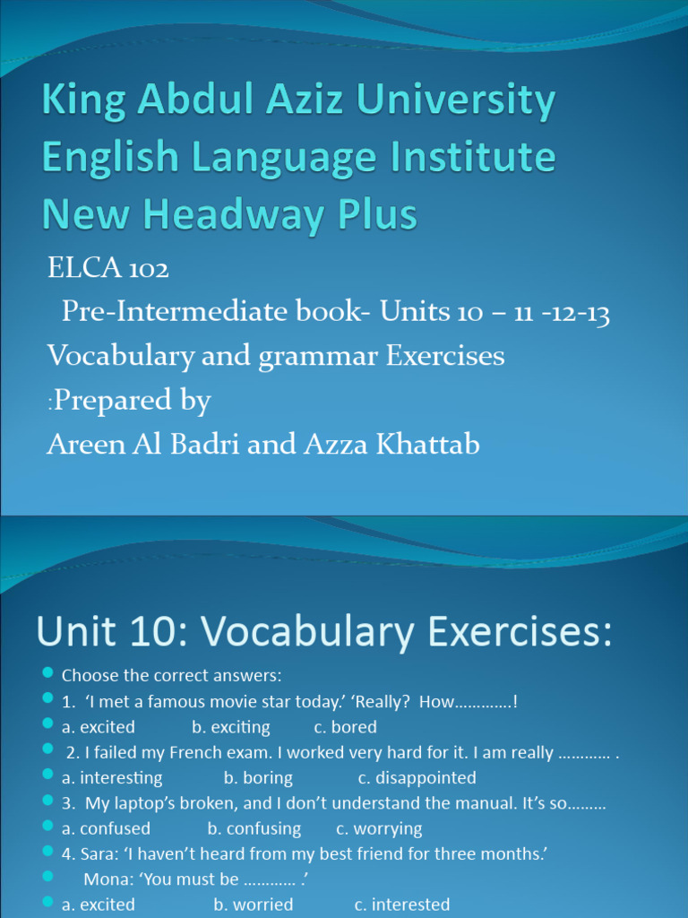 Pre-Intermediate ELCA 102 - Units 10-11-12-13 Voc and Gram - Azza | PDF