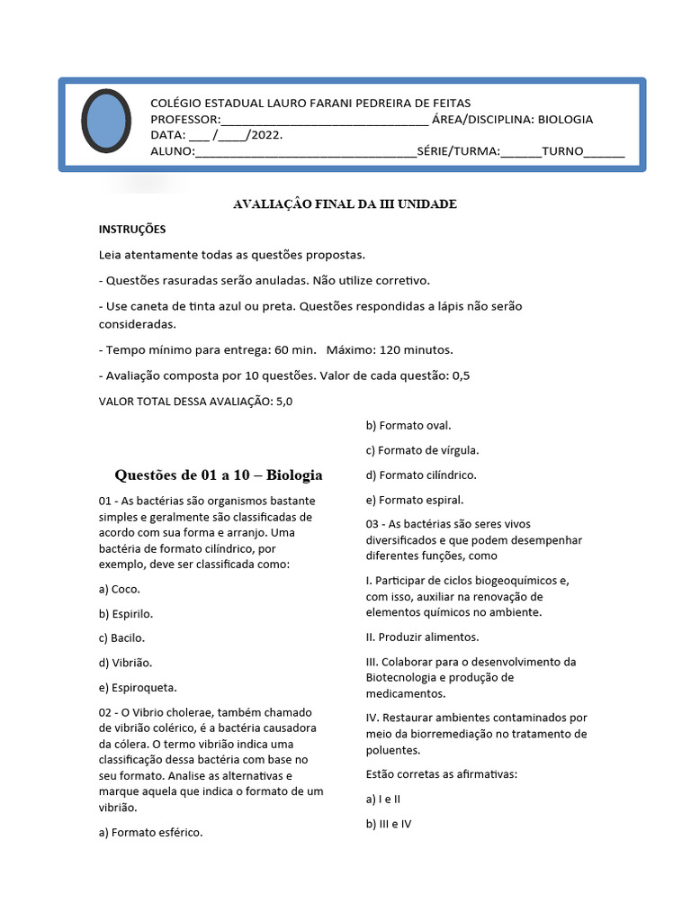 AVAL 2 Ano III 22 | PDF | Bactérias | Algas