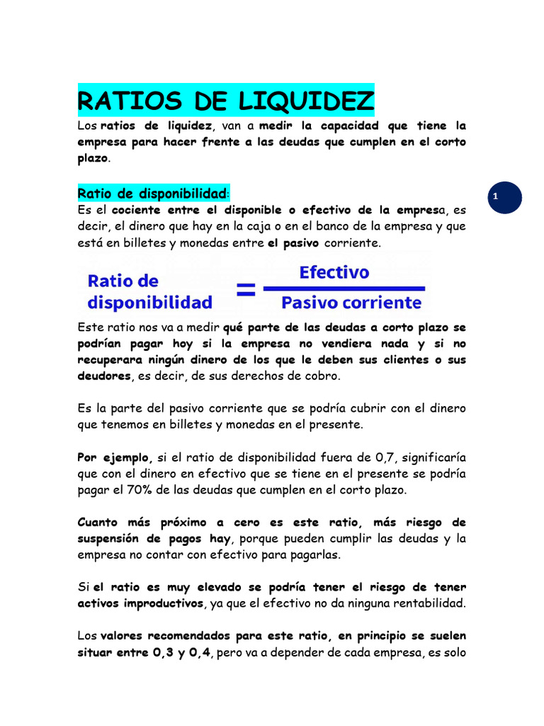 Ratios Financieros Balance | PDF | Liquidez de mercado | Capital de trabajo