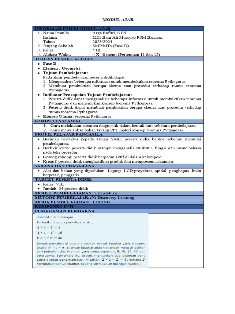 Modul Ajar Teo - Pythagoras | PDF