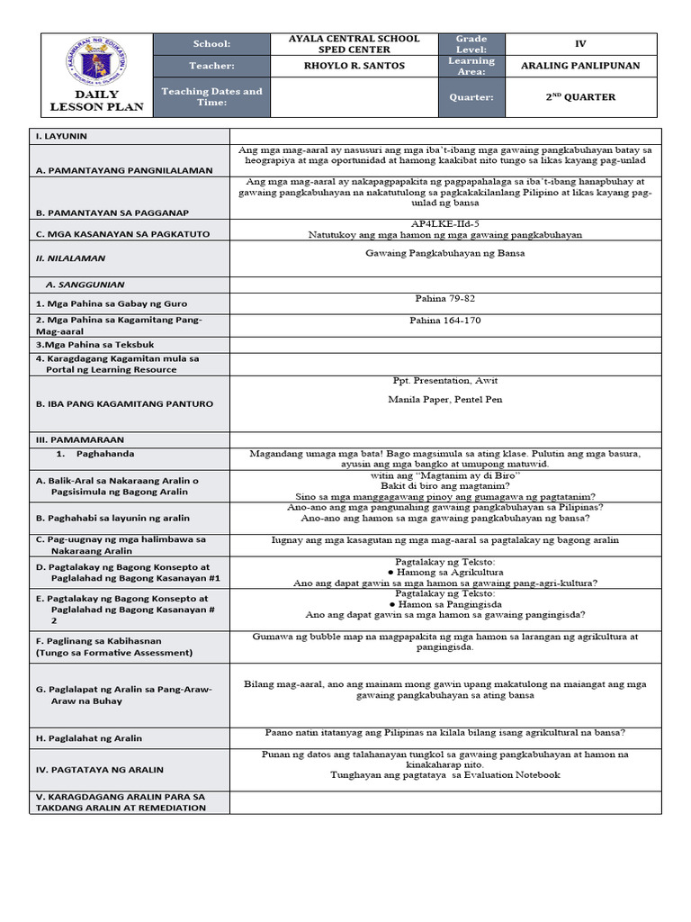 Daily Lesson Plan - Arpan Iv - Q2-W5 | PDF