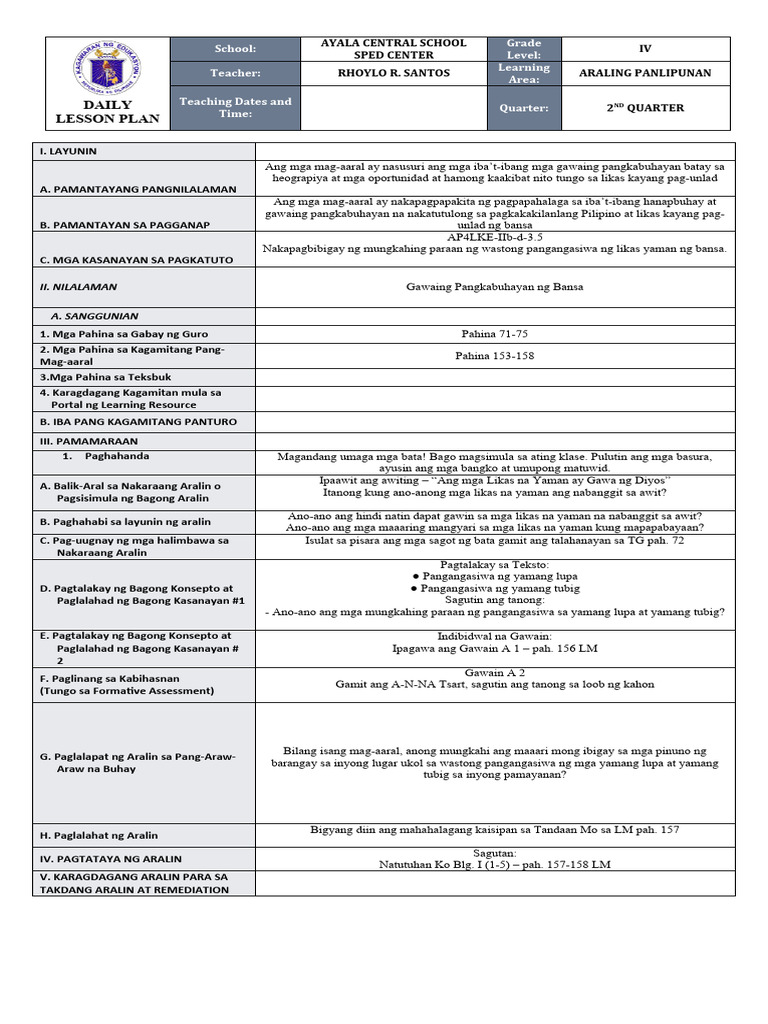Daily Lesson Plan - Arpan Iv - Q2-W4 | PDF
