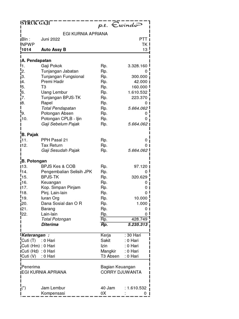 Slip Gaji Egi - Juni | PDF