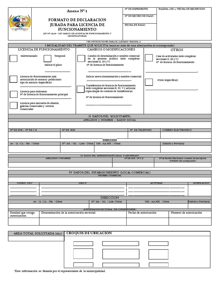 Formato Anexo 01 Declaracion Jurada de Licencia de Funcionamiento | PDF
