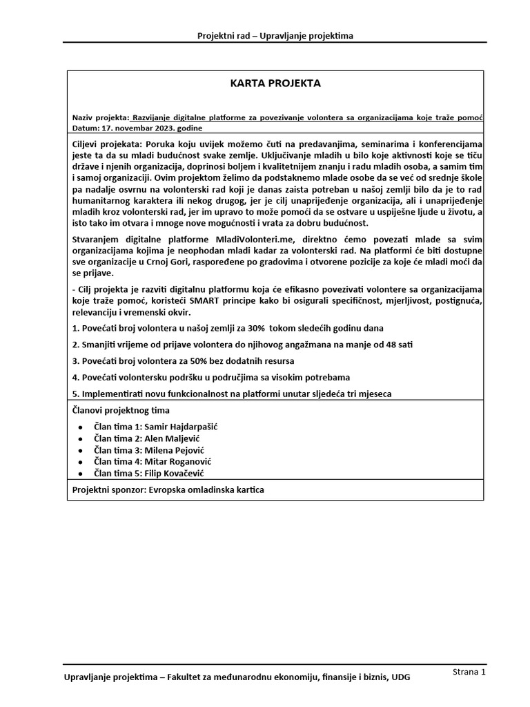 Upravljanje Projektima - Razvoj Digitalne Platforme MladiVolonteri - Me | PDF