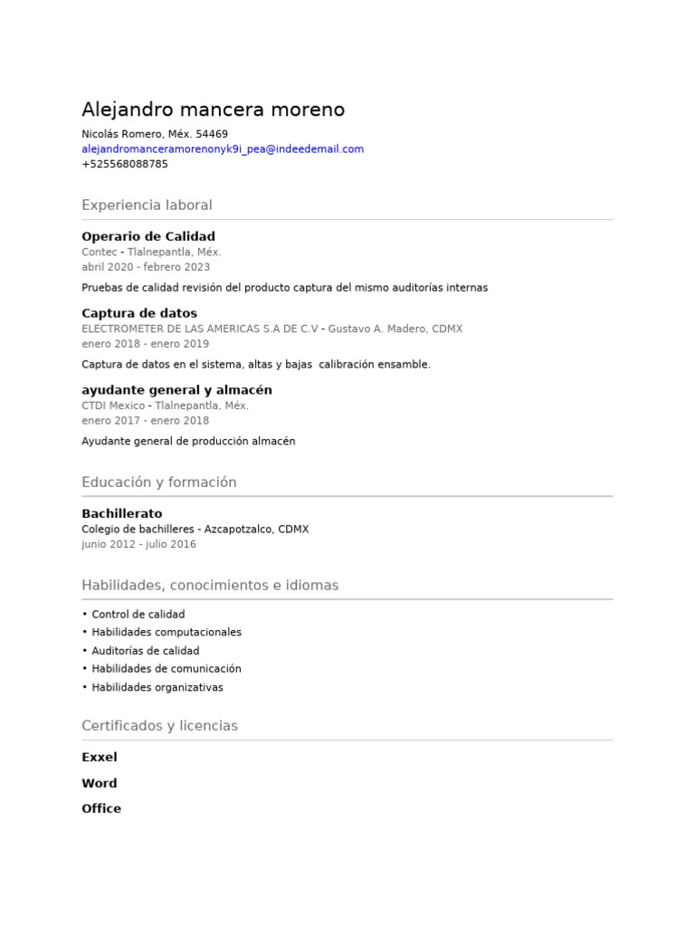 CV Alejandro Man Cera More No | PDF