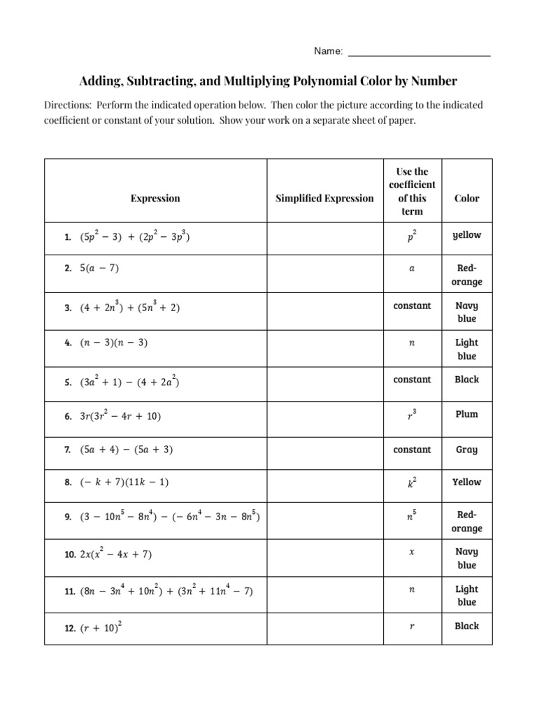 Operation of Polynomials - Color by Number - Shared | PDF | Mathematics ...