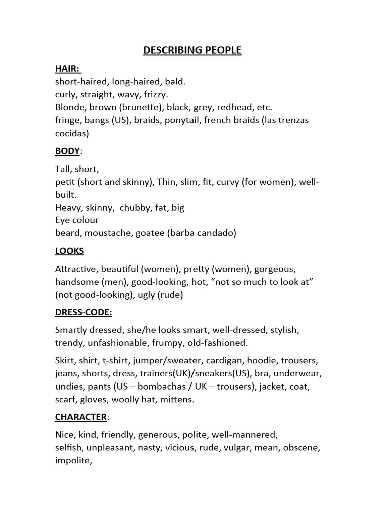 Describing People Vocabulary | PDF
