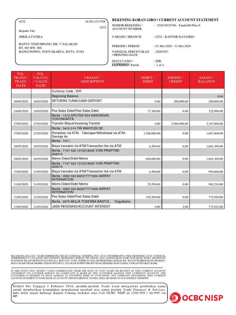 Current Account Statement May 2020 | PDF | Debit Card | Transaction Account