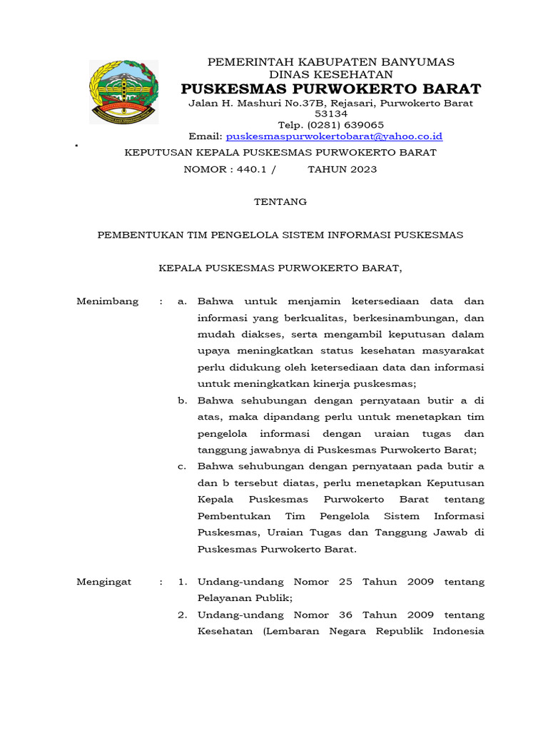 Contoh SK PENGELOLA DATA DAN INFORMASI PUSKESMAS PURWOKERTO BARAT | PDF Contoh SK PENGELOLA DATA DAN INFORMASI PUSKESMAS PURWOKERTO BARAT | PDF