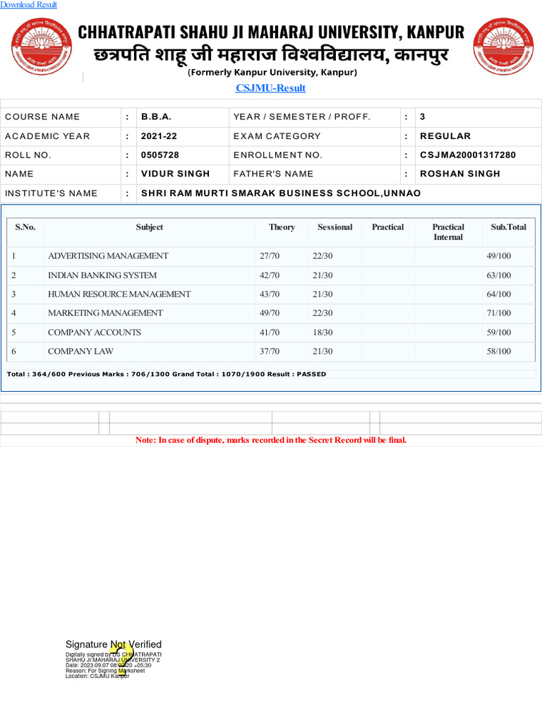 CSJMU BBA 3rd Semester Result 2021-22 | PDF