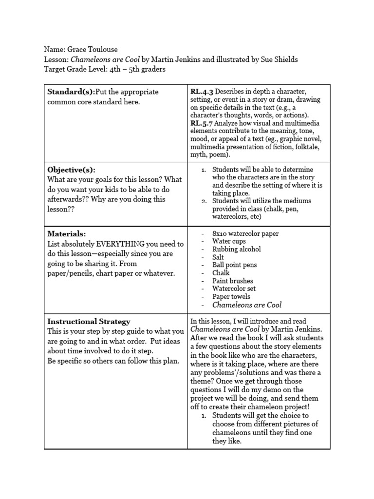 Toulouse Storyelementlessonplan | PDF | Drawing