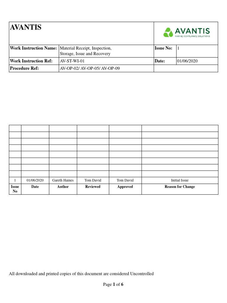 AV-ST-WI-01 Material Receipt Inspection Storage Issue and Recovery Iss ...