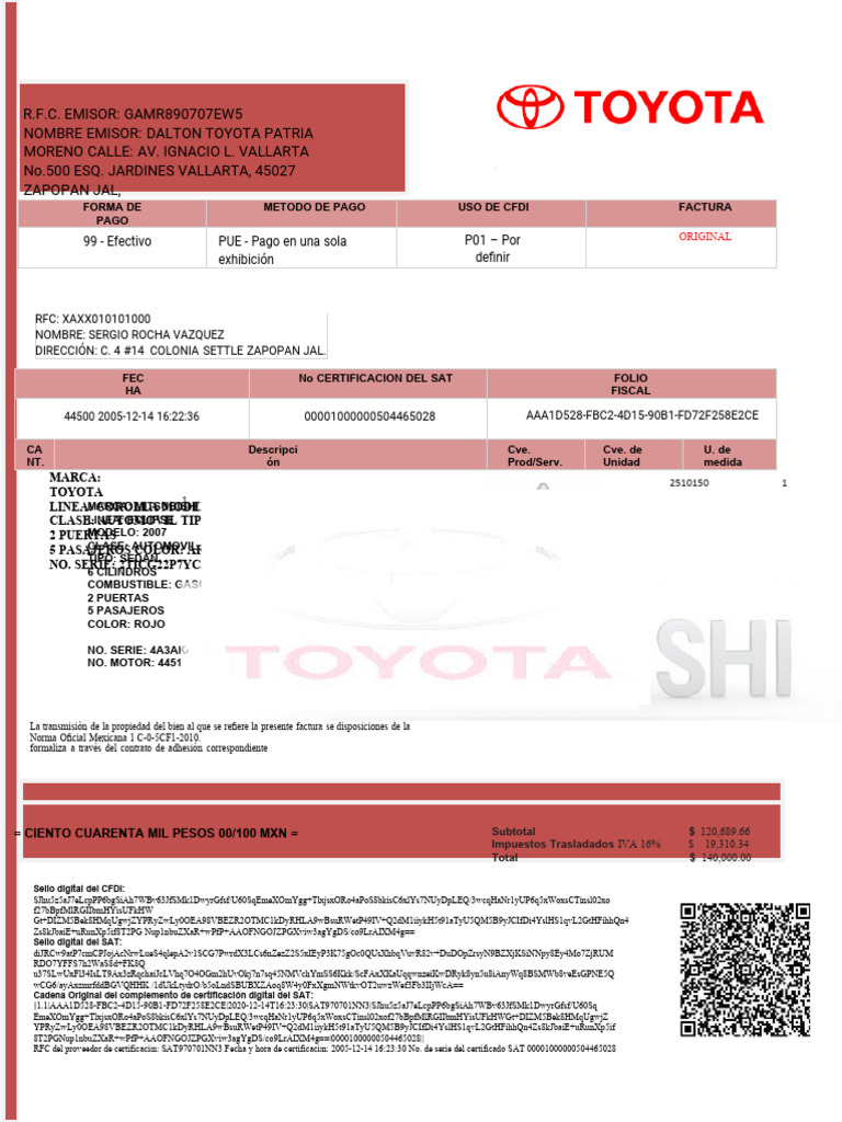 Factura TOYOTA Ecli | PDF | Vehículos de ruedas | Estilos de carrocería
