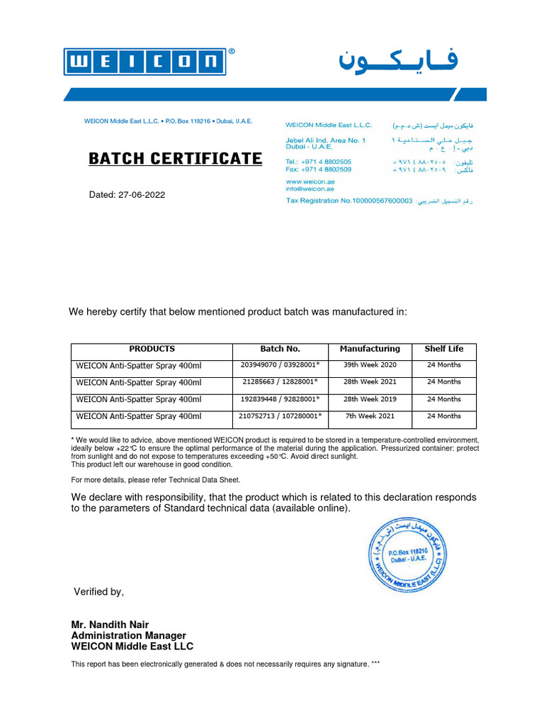 Batch Certificate - Anti Spatter | PDF