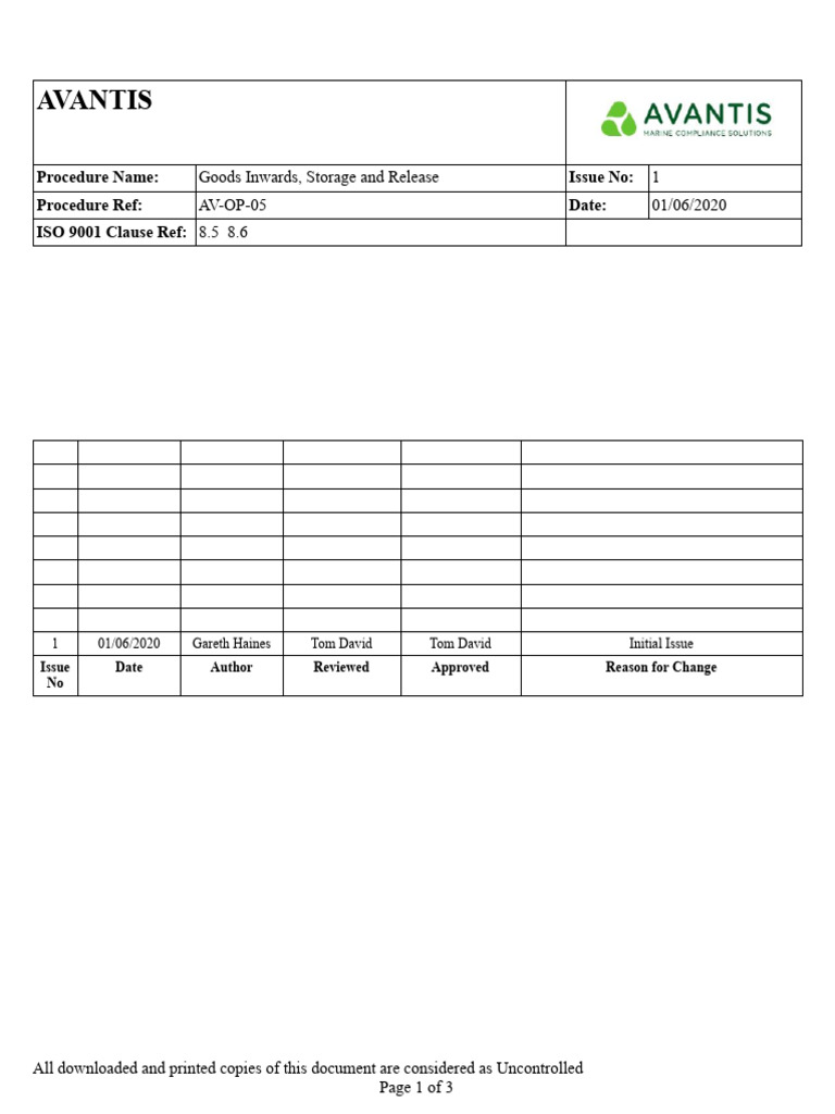 AV-OP-05 Goods Inwards Storage and Release Iss 1 | PDF | Business ...