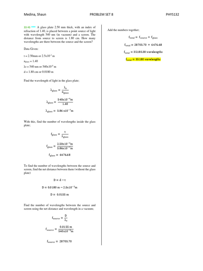 Physics Problem Set: Optics Calculations | PDF | Mirror | Wavelength
