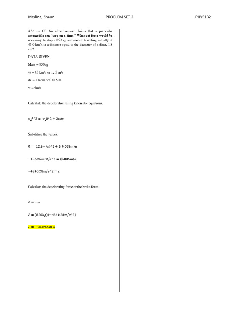 Medina (193253920) Problemset2 V1 | PDF | Force | Acceleration