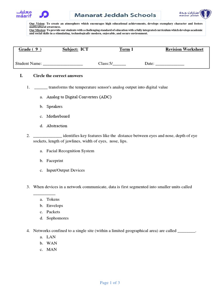 ICT Revision Worksheet for Grade 9 | PDF | Internet Protocol Suite ...
