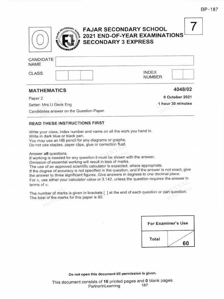 Fajar Secondary Sec 3 E Math EOY 2021 | PDF | Interest | Mathematics