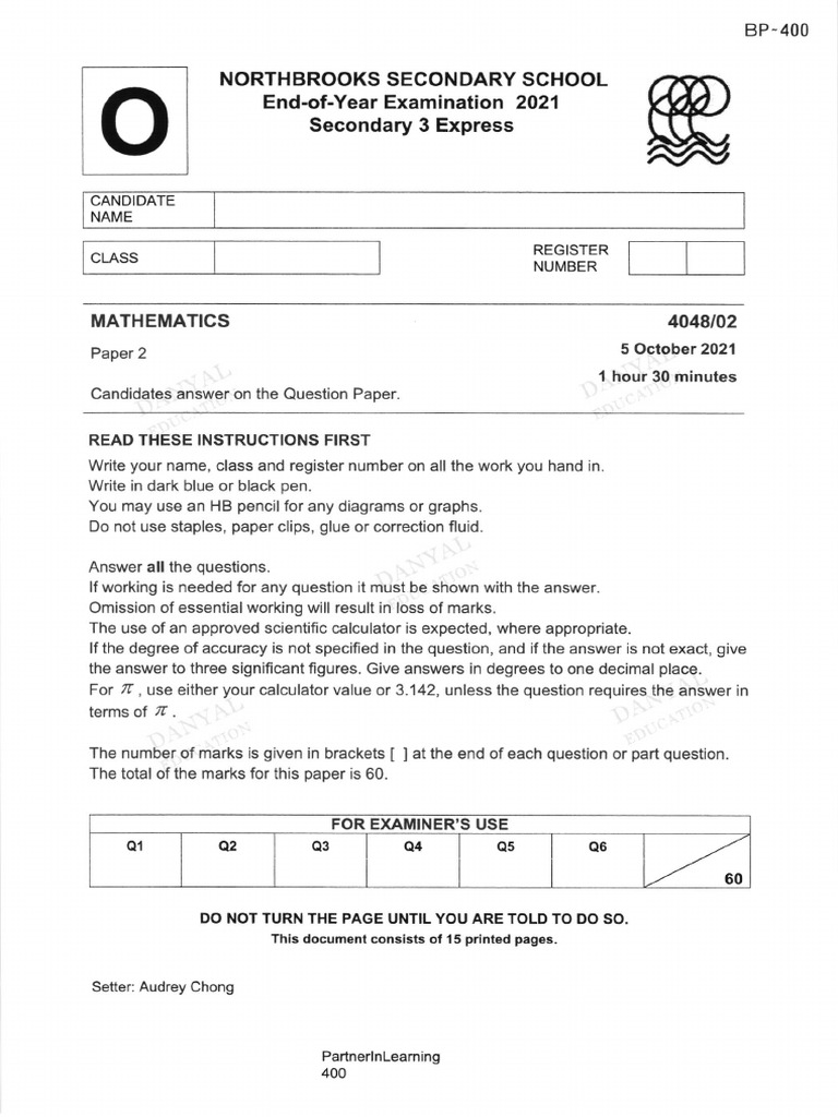 NorthBrooks Secondary Sec 3 E Math EOY 2021 | PDF | Mathematics