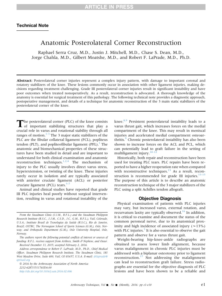 Anatomic Posterolateral Corner Reconstruction | Download Free PDF | Knee | Limbs (Anatomy)